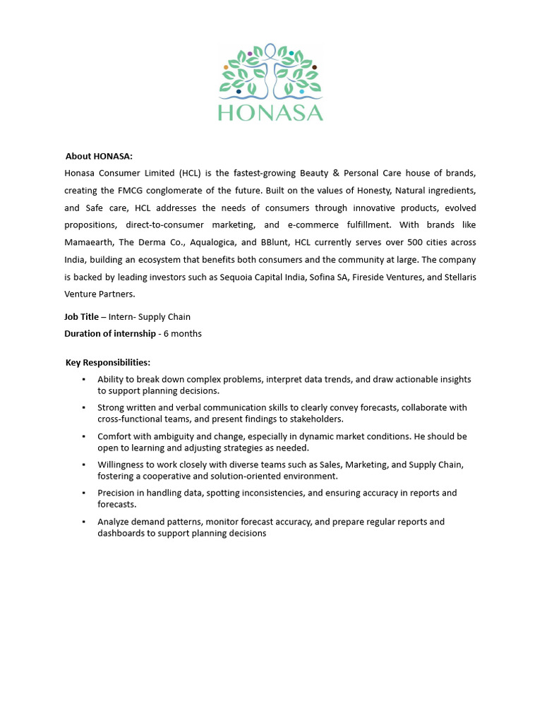 Supply Chain Intern Role at Honasa | PDF