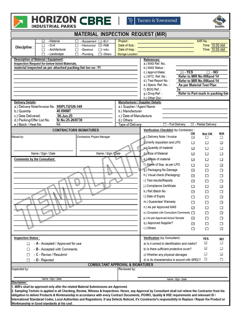 Material Inspection Request (MIR) GL Coils | PDF