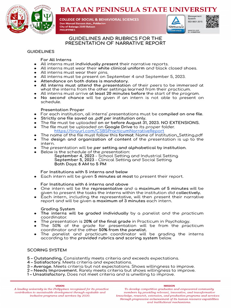 Guidelines and Rubrics For Presentation of Narrative Report 2 | PDF ...
