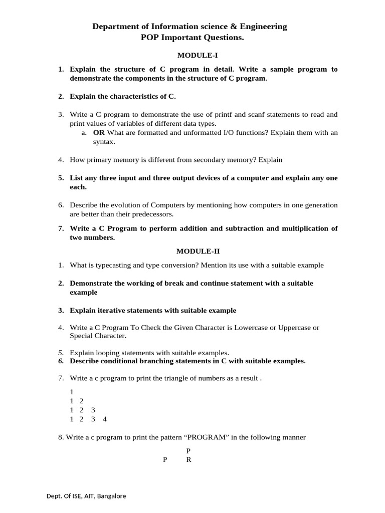 POP Module - Wise Question Bank | PDF | Computer Program | Programming