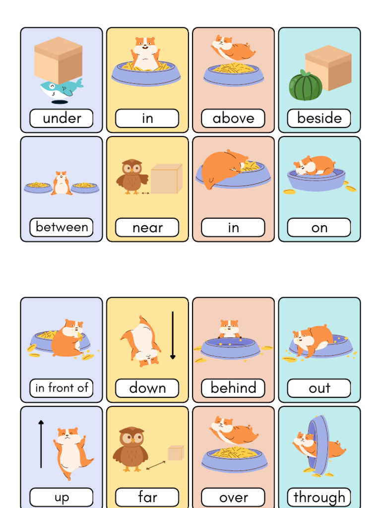 English Grammar Prepositions of Place Flashcards in Pastel Cute Style | PDF