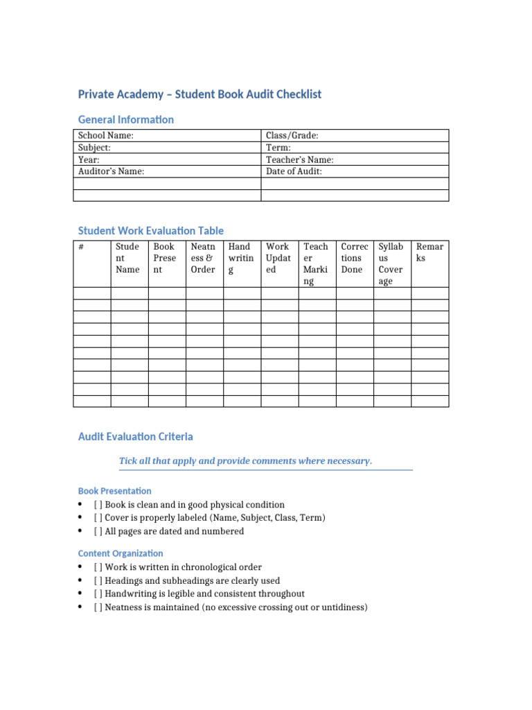 Student Book Audit Checklist Guide | PDF