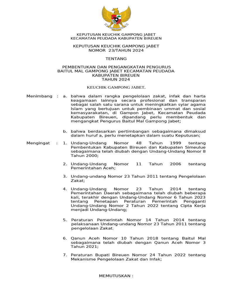 Pengangkatan Pengurus Baitul Mal Jabet 2024 | PDF