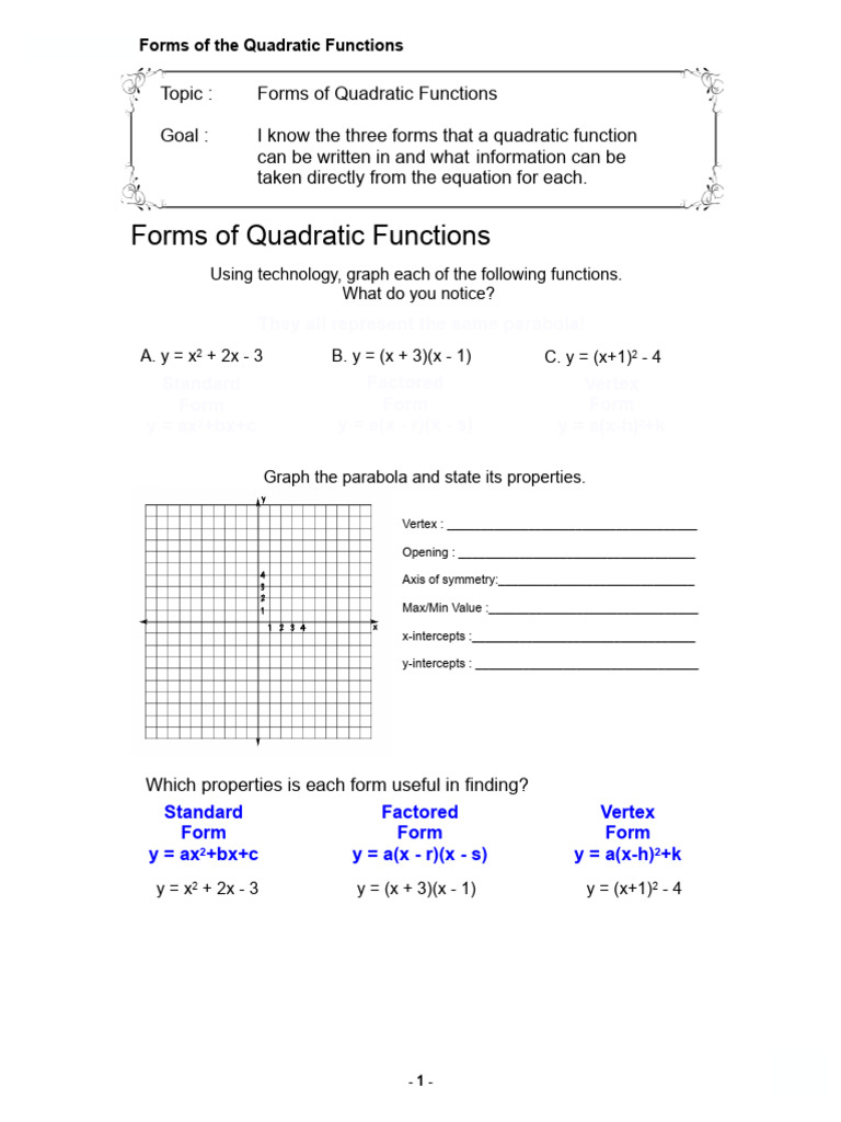 Quadratics Notes and Worksheets | PDF | Polynomial | Mathematical Concepts