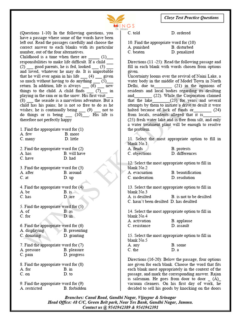 Cloze Test Practice Questions | PDF
