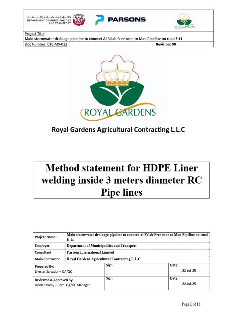 010-MS-012 - Method Statement for HDPE Liner Welding | PDF | Welding | Construction