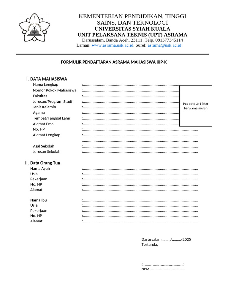 Formulir Pendaftaran Asrama Mahasiswa Kipk Fix | PDF