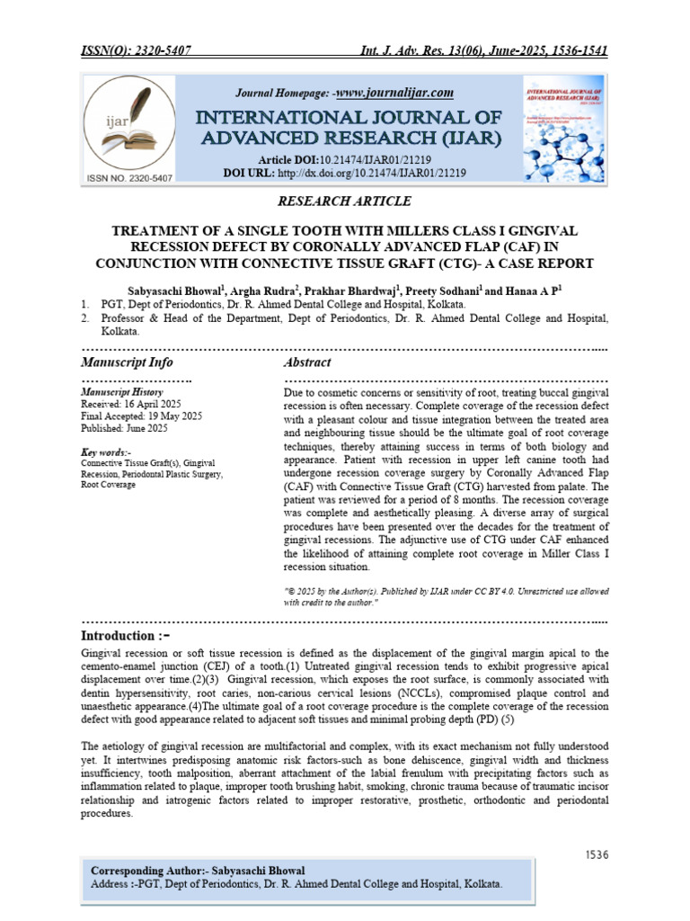 Treatment of A Single Tooth With Millers Class I Gingival Recession ...