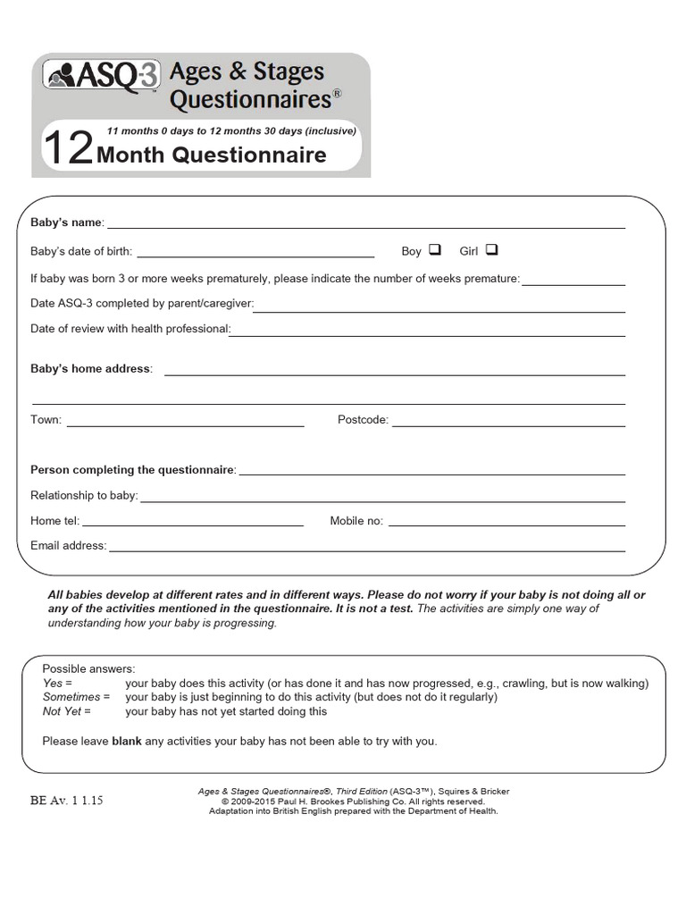 ASQ-3 12 Month Questionnaire | PDF