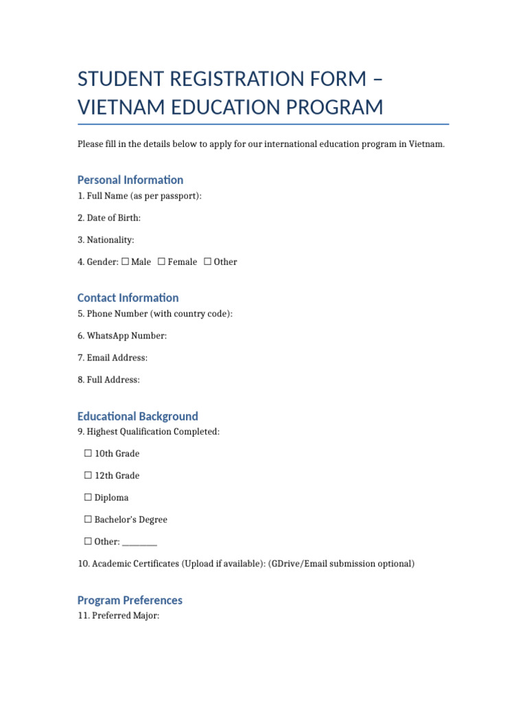 Student Registration Form Vietnam | PDF