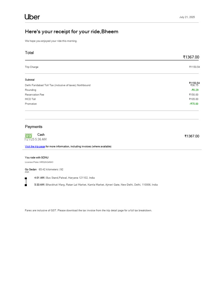 Uber Ride Receipt for Bheem - ₹1367.00 | PDF