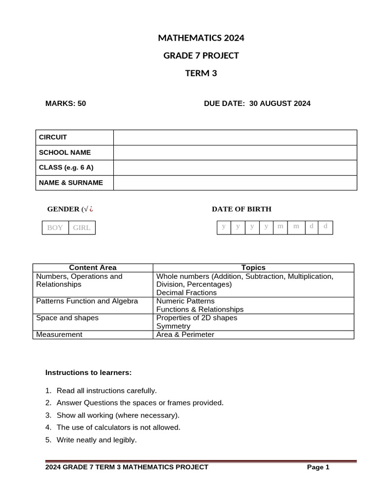 Grade 7 Mathematics Project Term 3 2024 - 051407 | PDF | Area | Shape