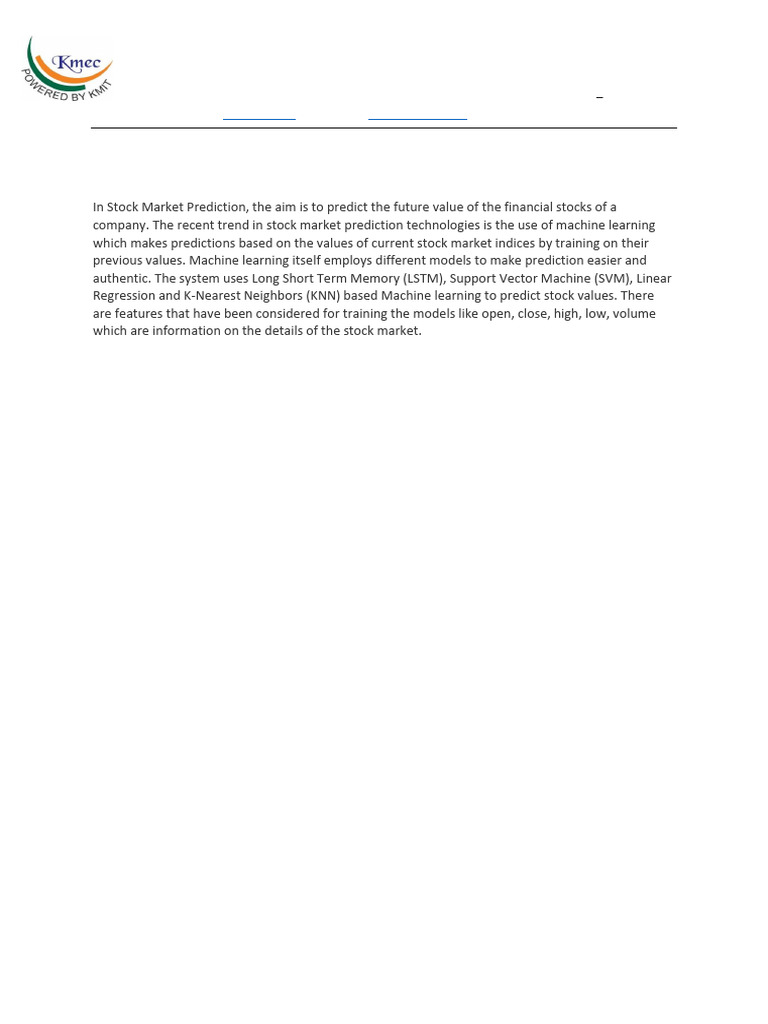 Stock Market Prediction Using ML Models | PDF | Machine Learning ...