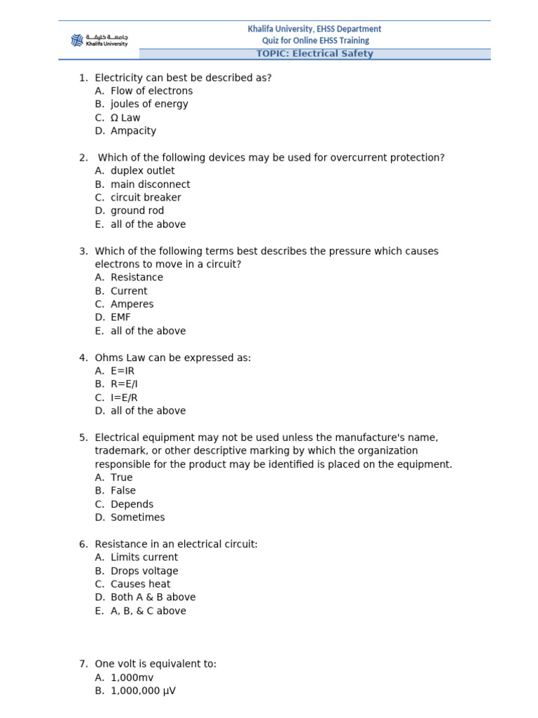 Quiz-Electrical Safety Final | PDF | Volt | Electric Current