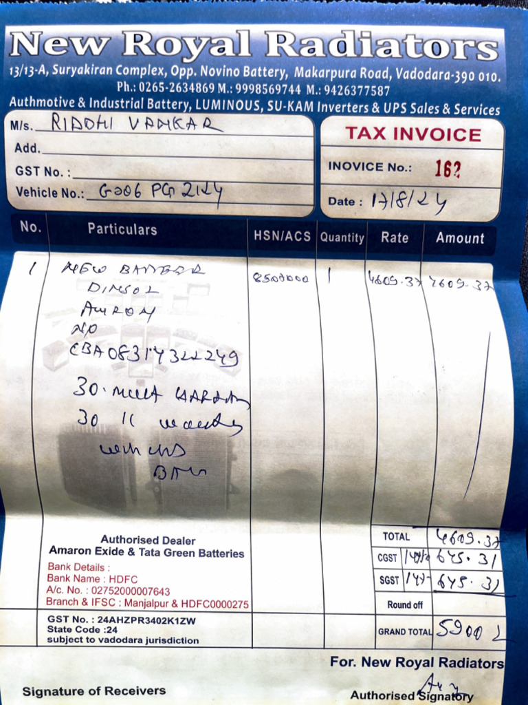 Tax Invoice for Battery Sales Services | PDF