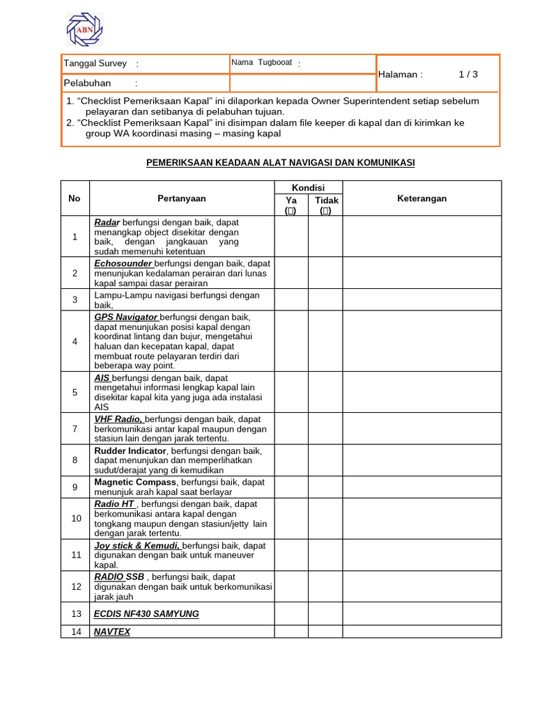 Checklist Pemeriksaan Kapal Sebelum Berlayar | PDF