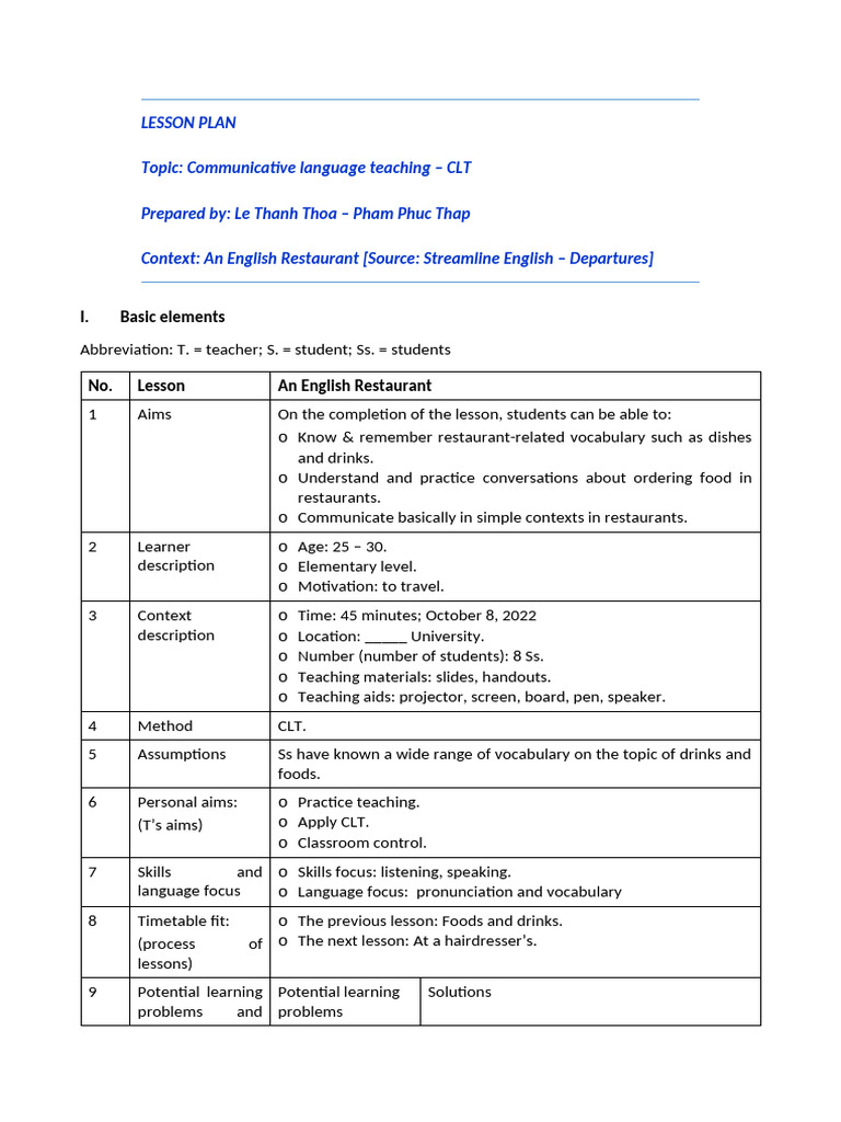 CLT Lesson Plan: English Restaurant | PDF | Learning | Human Communication