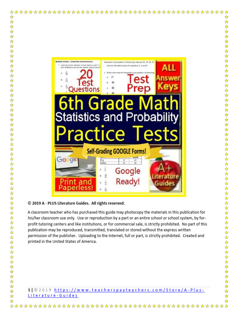 08 - 6th Grade Math Statistics and Probability Digital Test Printable ...
