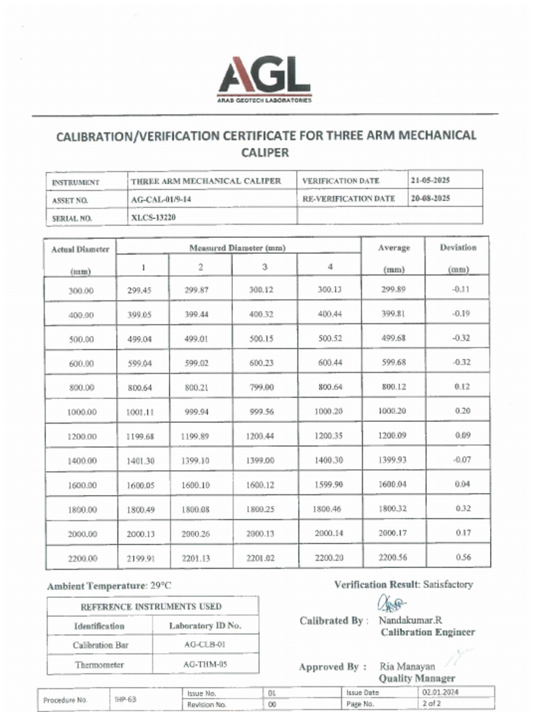 Three Arm Mechanical Caliper Calibration Certificate | PDF