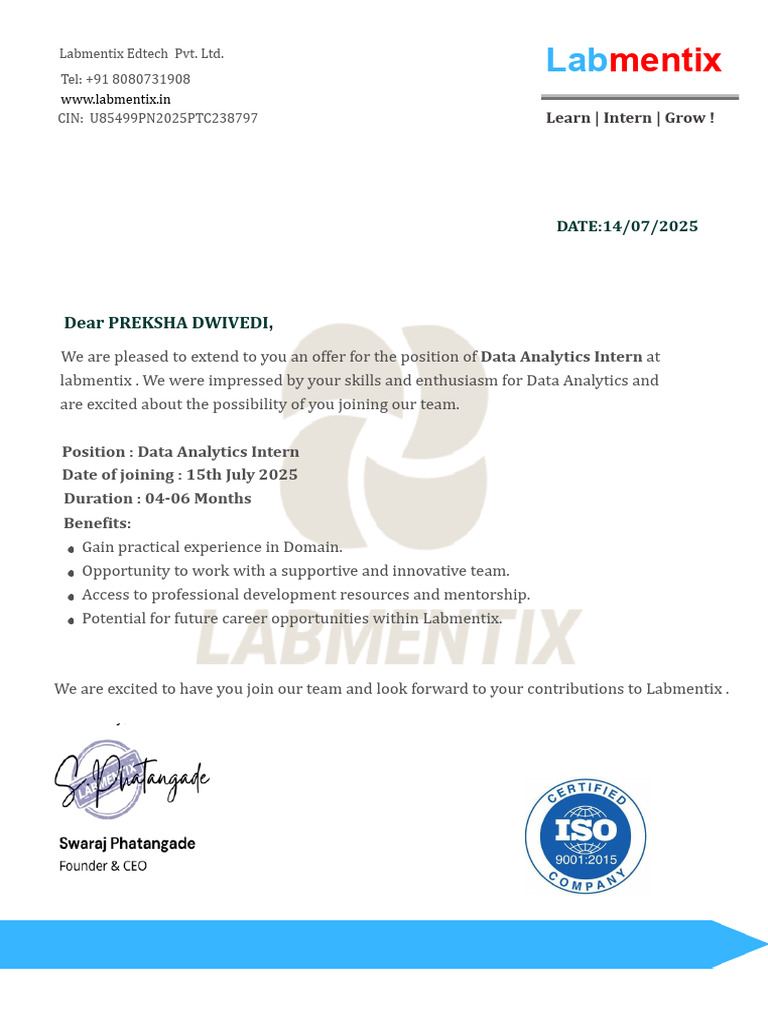 Data Analytics Internship Offer at Labmentix | PDF