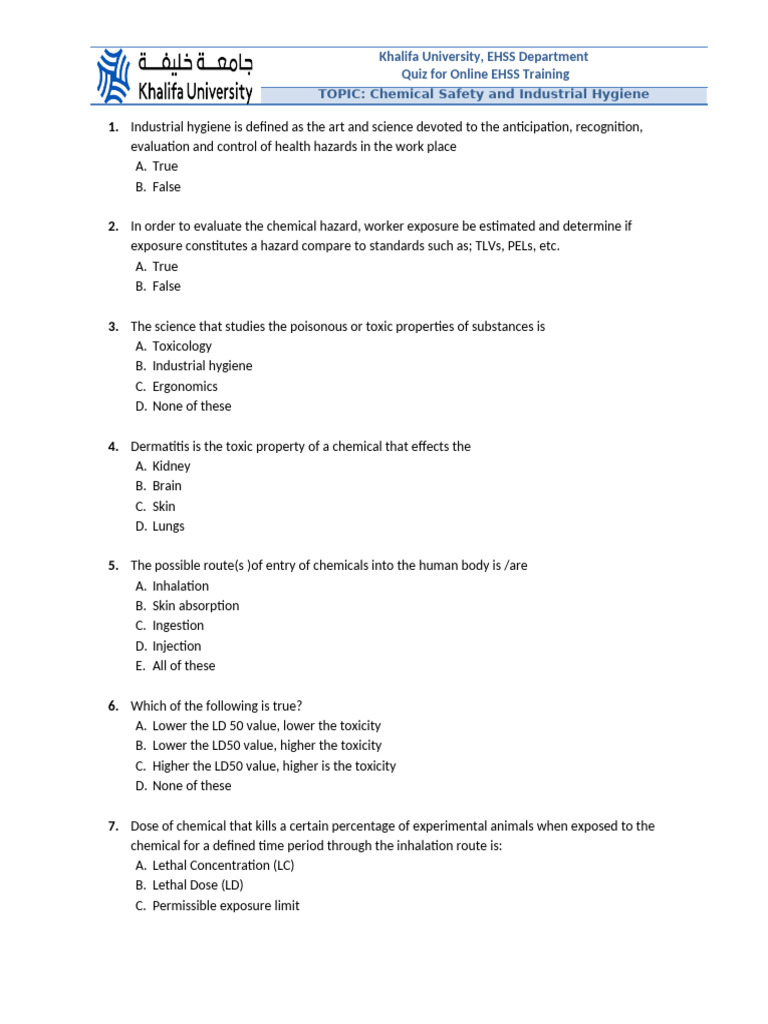 Chemical Safety Quiz for EHSS Training | PDF | Toxicity | Occupational ...