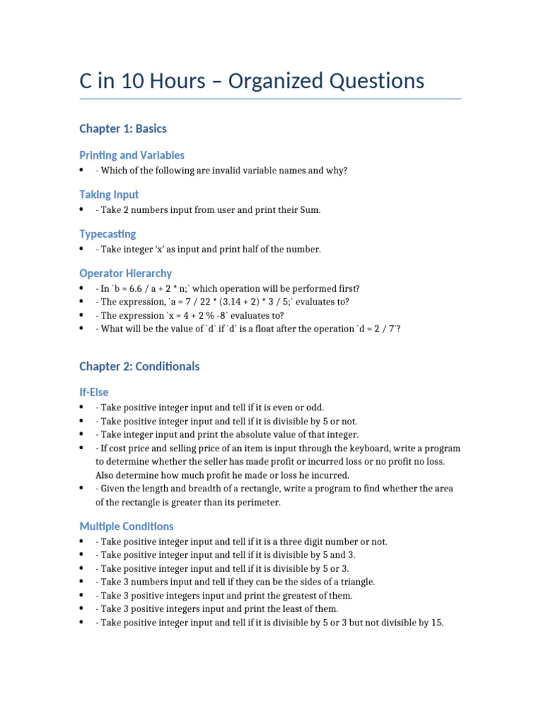 C in 10 Hours Organized Questions | PDF | Control Flow | Computer Programming