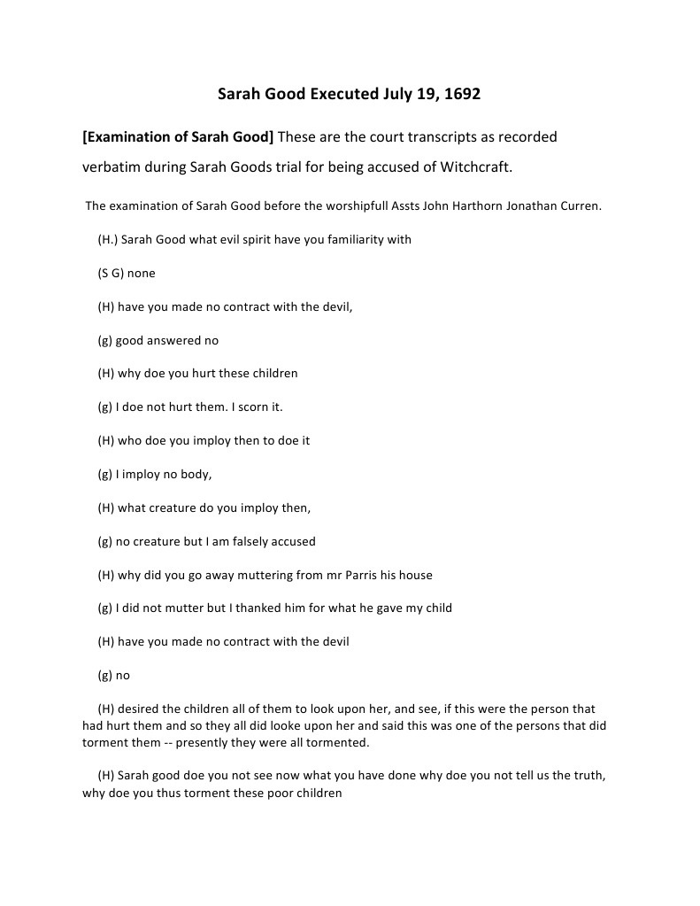 The Examination of Sarah Good | PDF | Witch Trials | Early Modern Witch ...
