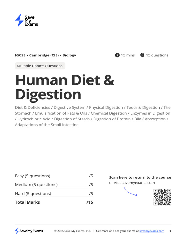 7 1 Human Diet and Digestion MCQ | PDF | Digestion | Small Intestine