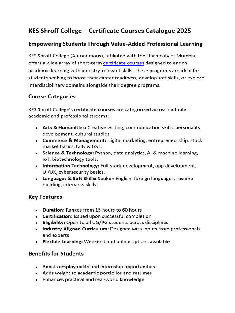 KES Shroff College - Certificate Courses Catalogue 2025 | PDF