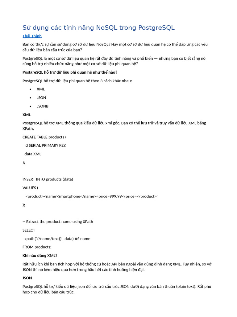 S D NG Các Tính Năng NoSQL Trong PostgreSQL | PDF