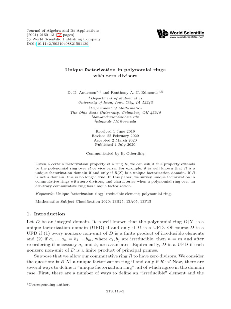 Unique Factorization in Polynomial Rings With Zero Divisors | PDF | Factorization | Ring ...