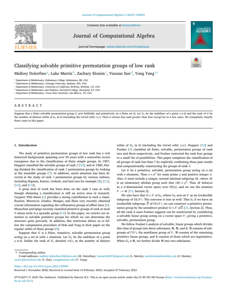 Classifying Solvable Primitive Permutation Groups of Low Rank (M. Dolorfino) (2023) | PDF ...
