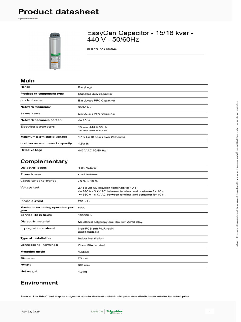 Schneider Electric EasyLogic-PFC-Capacitors BLRCS150A180B44 | PDF ...