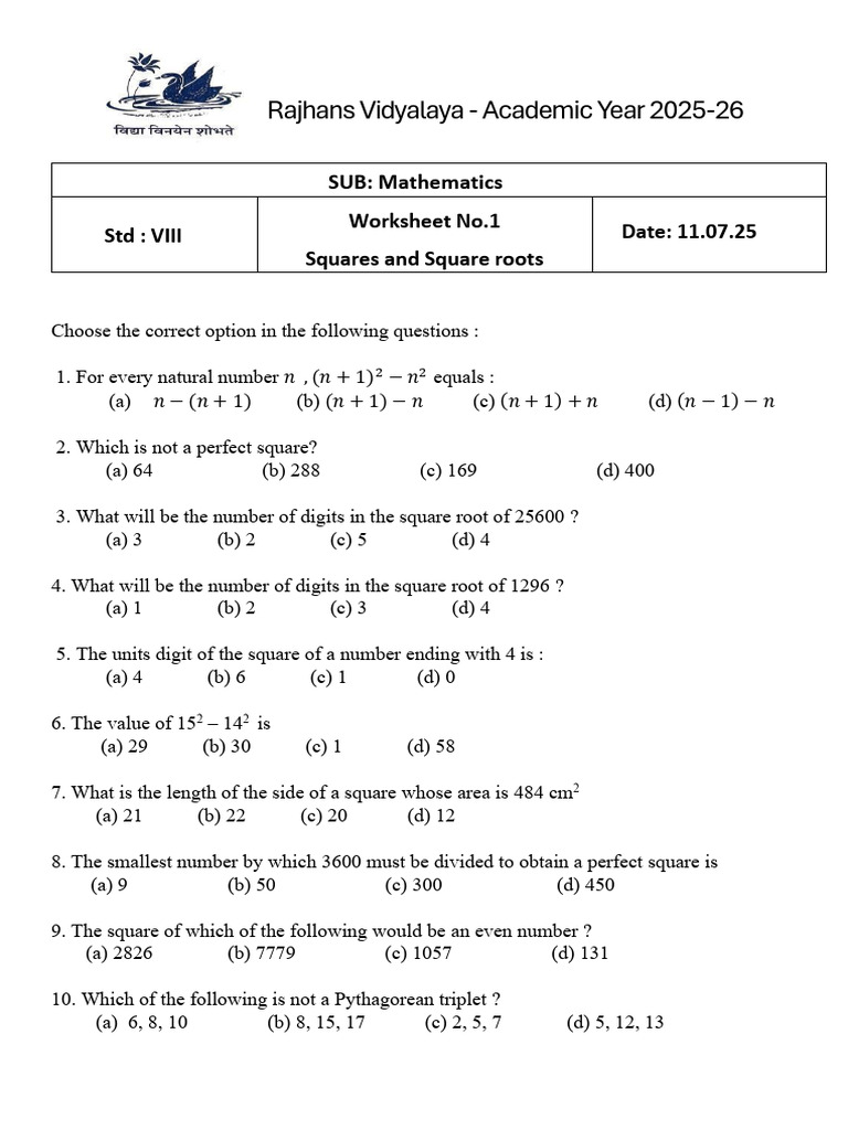 Grade 8 Squares and Roots Worksheet | PDF | Numbers | Discrete Mathematics
