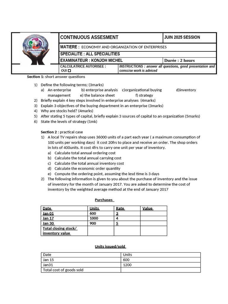Continuous Assesment Eoe | PDF | Inventory | Financial Economics