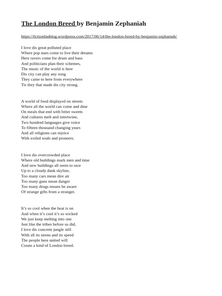 The London Breed Poem by Zephaniah | PDF