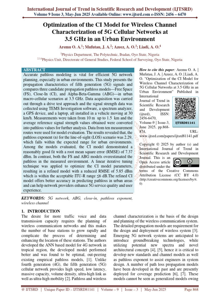 Optimization of The CI Model For Wireless Channel Characterization of 5G Cellular Networks at 3. ...