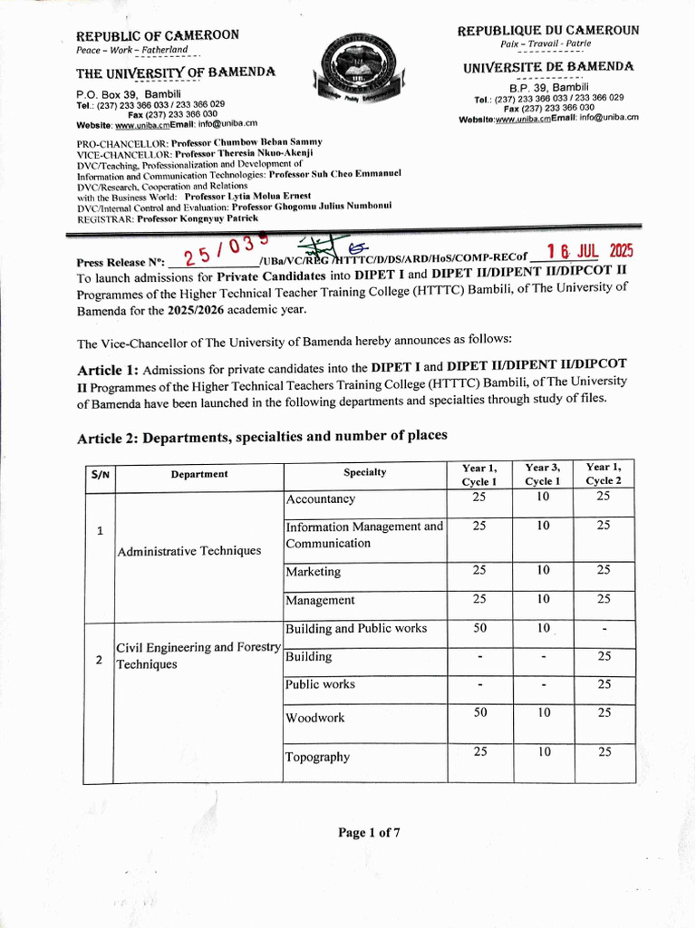 Enset Bambili-Htttc 2025.2026 | PDF