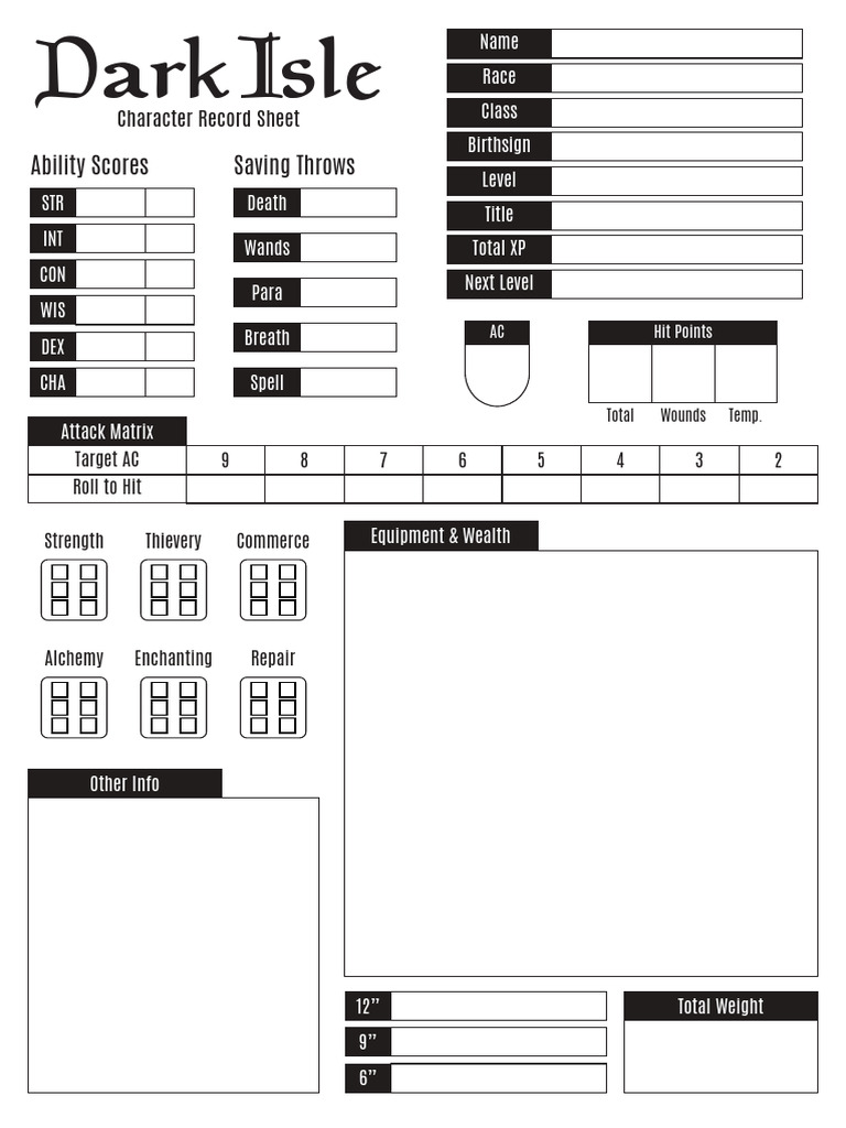 Dark Isle Character Record Sheet | PDF