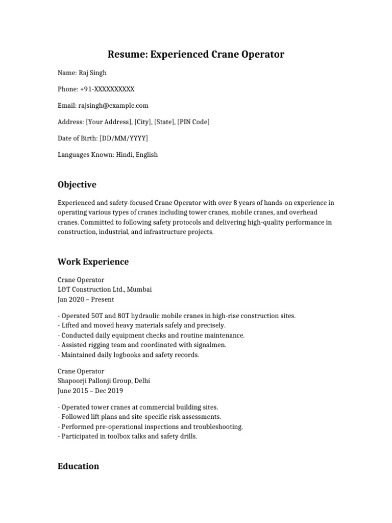 Crane Operator Resume of Raj Singh | PDF