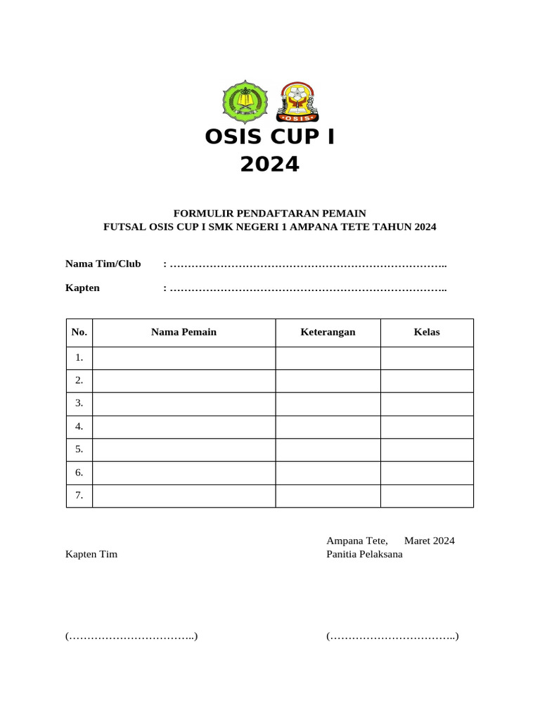 Formulir Pendaftaran Futsal Osis Cup 2024 | PDF