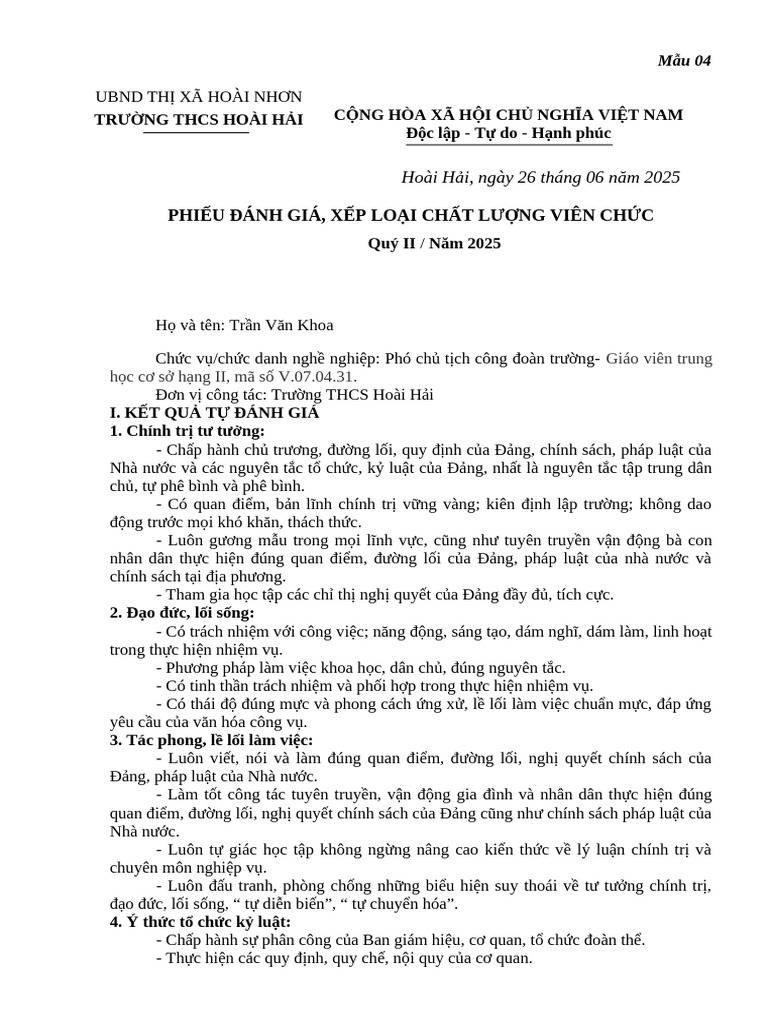 Phu Luc 4 - Phieu Danh Gia Vien Chuc (Khoa) - 2025 - Quý 2 | PDF