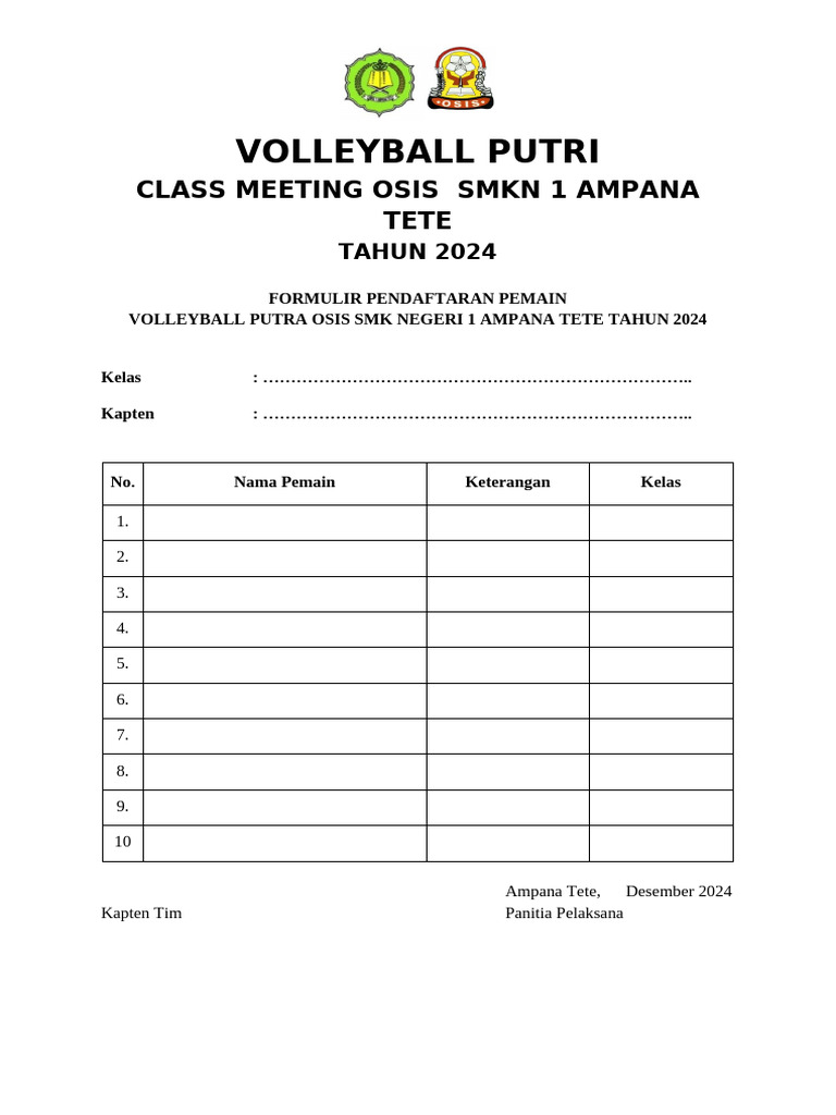 Pendaftaran Pemain Volleyball OSIS 2024 | PDF
