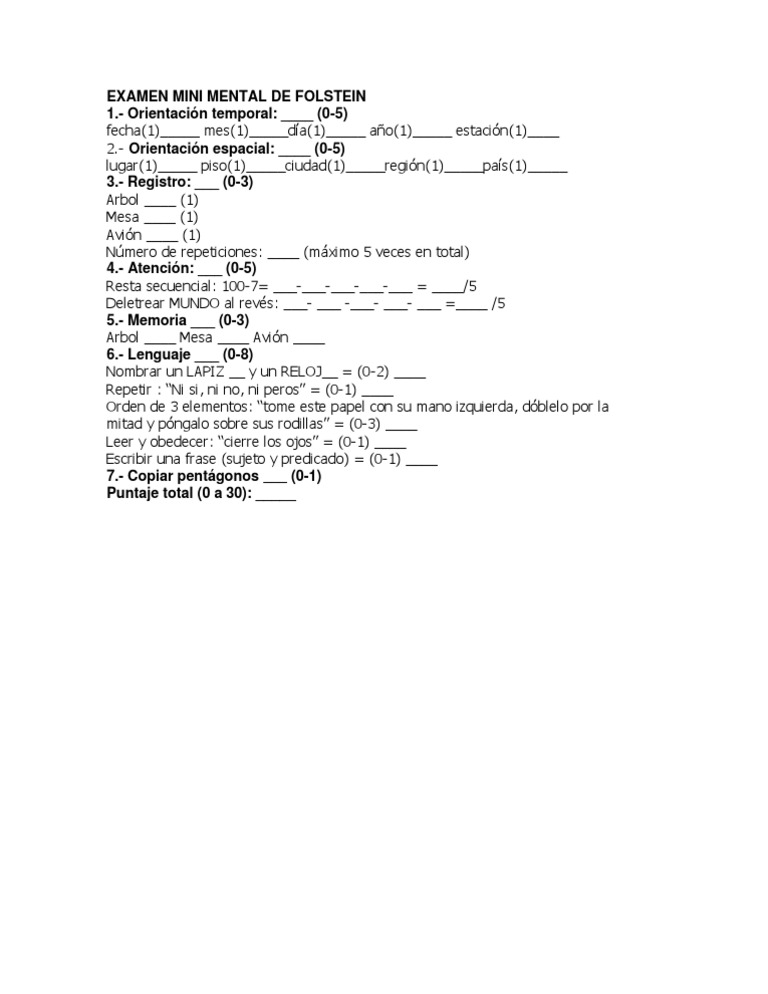 Examen Mini Mental de Folstein | PDF | Deportes | Ocio
