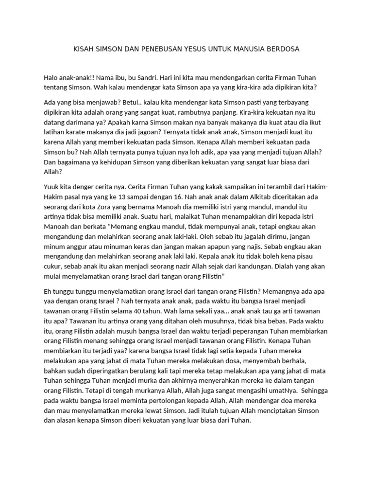 Kisah Simson Dan Penebusan Yesus Untuk Manusia Berdosa | PDF