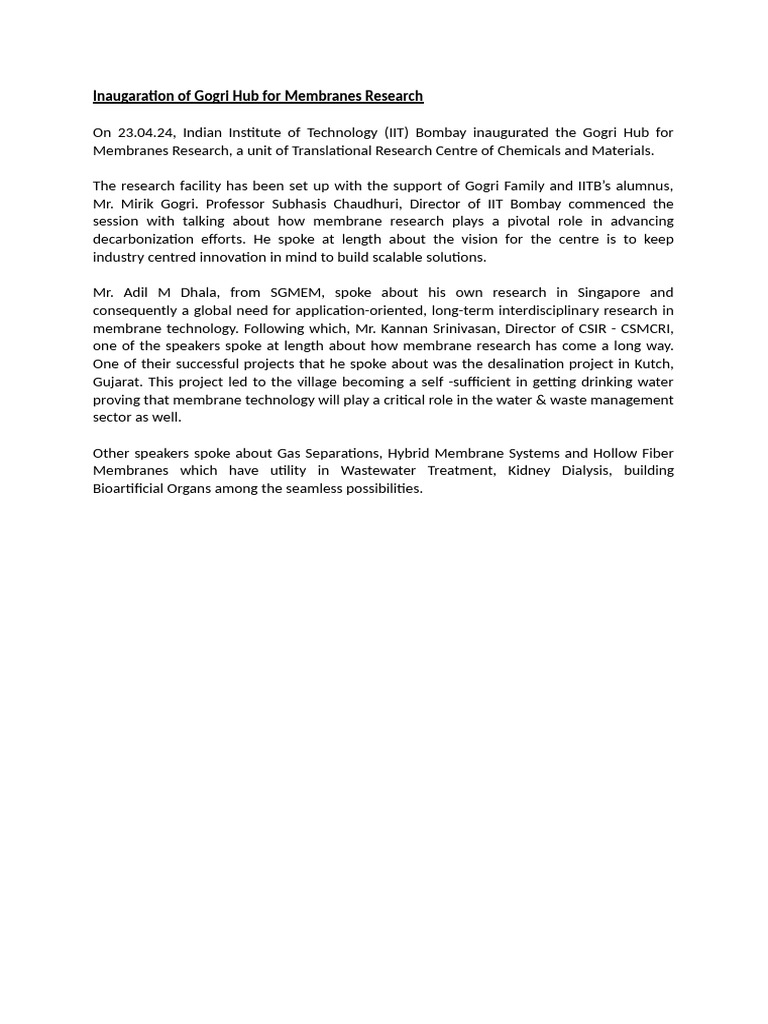 Inauguration of Gogri Hub for Membranes | PDF