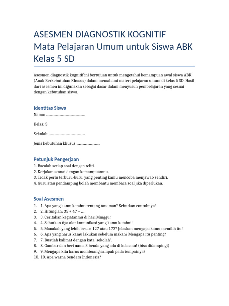 Asesmen Diagnostik Kognitif ABK Kelas5 | PDF