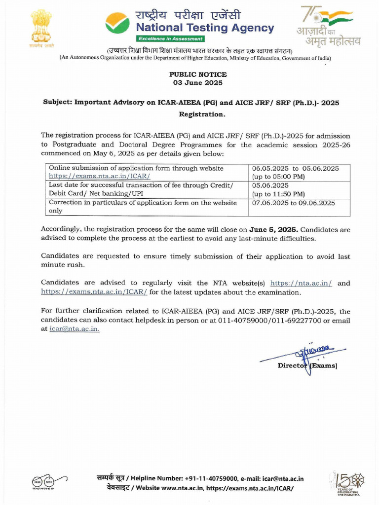 Public Notice Important Advisory On Icar Aieea PG and Aice JRF SRF PHD ...