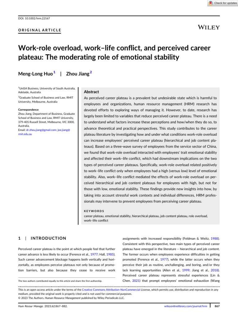 Human Resource Management - 2023 - Huo - Work Role Overload Work Life ...