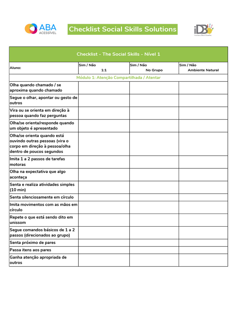 Checklist de Habilidades Sociais Nível 1 | PDF | Emoções | Brinquedos
